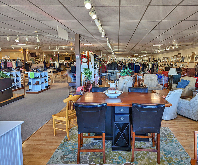 Dining sets staged like they're waiting for dinner guests, each chair holding the ghost of conversations from holidays past.