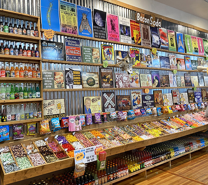 Tin signs advertising everything from bacon soda to life advice create a museum of quirky Americana above meticulously organized candy bins. Information overload never tasted so sweet.