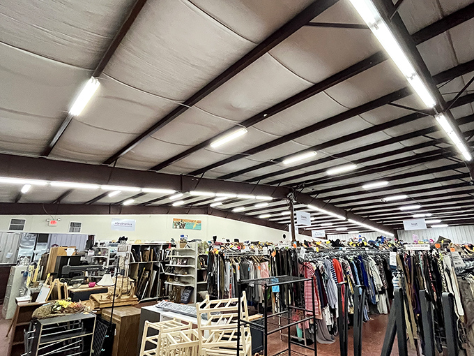 The vastness of the space is overwhelming at first glance. Furniture, housewares, and clothing create neighborhoods within this secondhand metropolis.