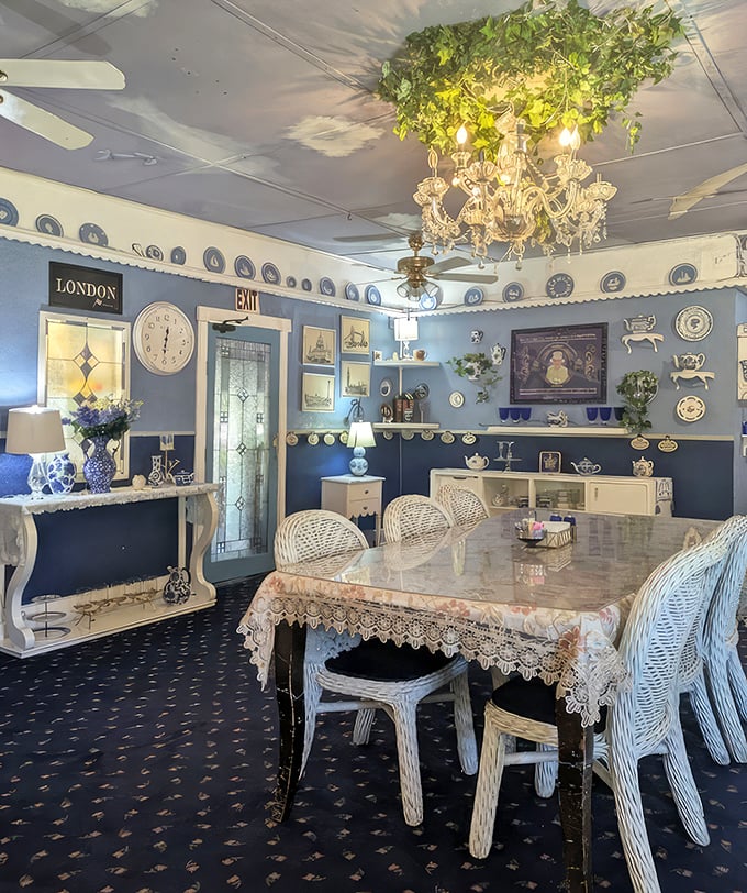 The "London Room" showcases the restaurant's quirky British influence, with blue walls serving as the perfect backdrop for generations of collected china.