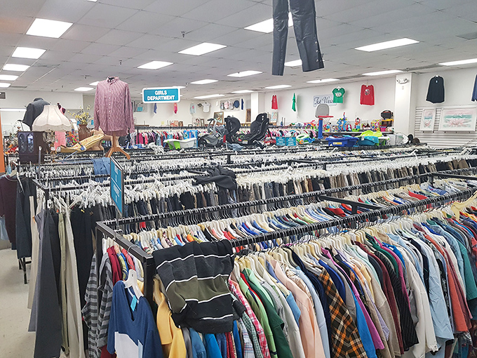 Clothing racks that stretch to the horizon like a textile ocean. Each hanger holds a garment with a past life, waiting for its next chapter in someone else's closet.