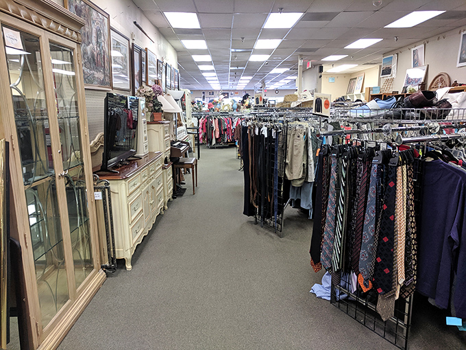 The men's section stretches into the horizon like a desert highway, promising sartorial adventures for the patient explorer.