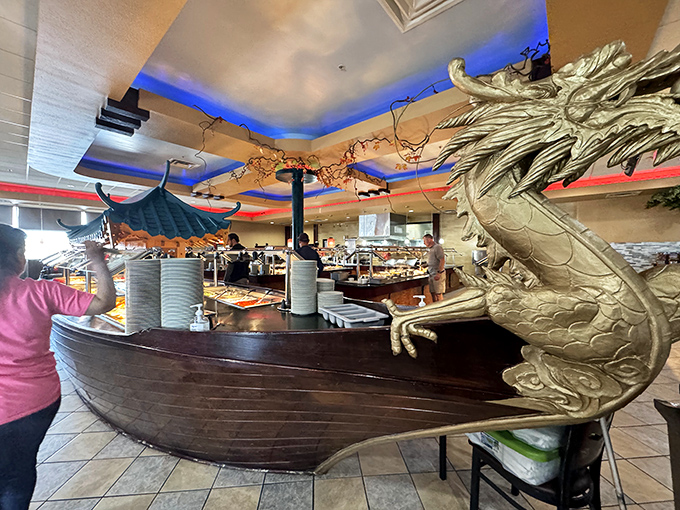 The dragon guards its culinary treasures with golden majesty, while red and blue lights create an atmosphere of festive feasting.
