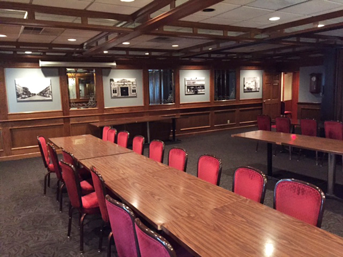 The private dining area combines no-nonsense wood paneling with comfortable seating. Many a Nebraska business deal has been sealed over these tables.