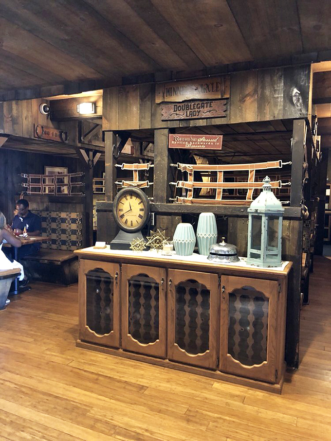 Rustic wooden decor and vintage touches create an atmosphere that says, "Slow down, we've been here awhile and we're not going anywhere."