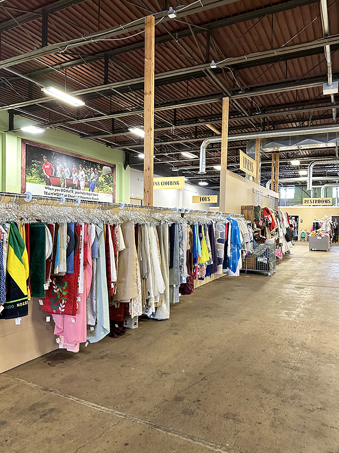 Thoughtfully organized clothing sections make treasure hunting efficient. Rainbow-hued garments await shoppers with an eye for vintage and contemporary finds alike.