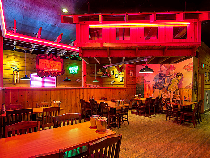 Red lighting, wooden tables, and Western murals&mdash;they're not just decorating, they're storytelling without saying a word.