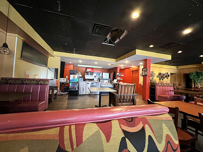 The dining room's warm colors and comfortable seating say "stay awhile"&mdash;your diet can resume tomorrow.