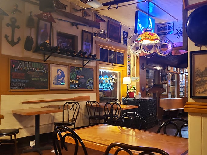 Nautical treasures line the walls in this dining area, where every anchor, life preserver, and fishing net tells a story of Great Lakes heritage.