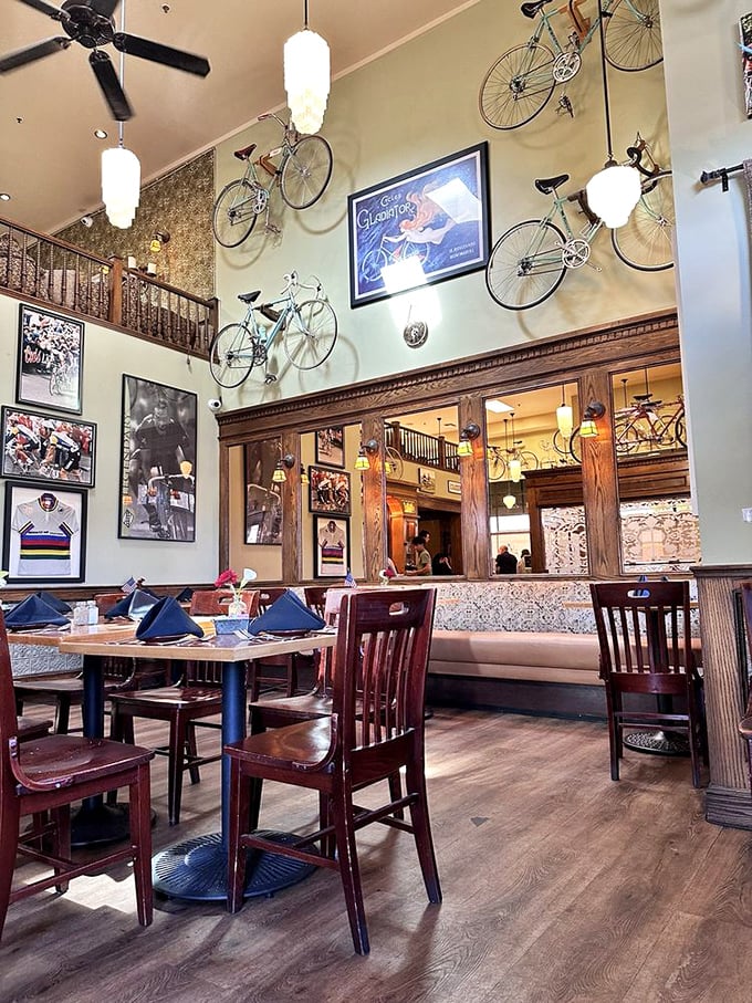 More bikes on the wall than in the Tour de France, creating an atmosphere that's part restaurant, part sports museum, all charm.