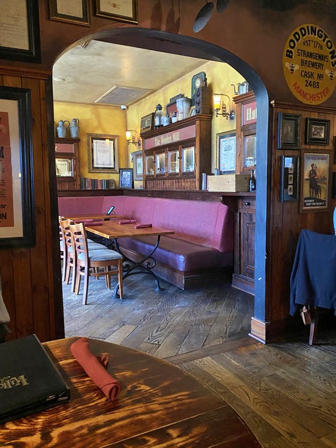 Archways leading to new dining adventures. These burgundy booths have cradled more happy diners than an Irish grandmother's kitchen.