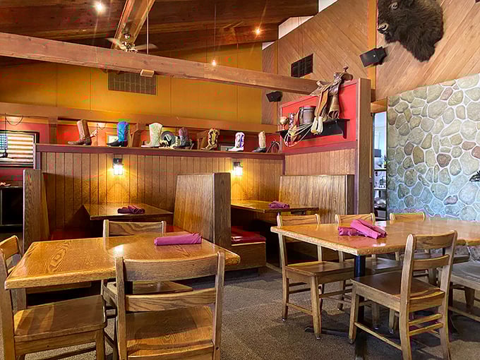 Booth seating that invites you to settle in for the long haul, with Western decor that feels authentic rather than forced.
