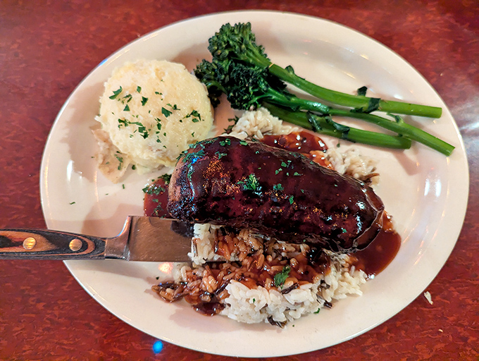 Not your mother's meatloaf (unless your mother is a culinary genius)&mdash;this glistening beauty rests on a bed of rice like royalty on a throne.