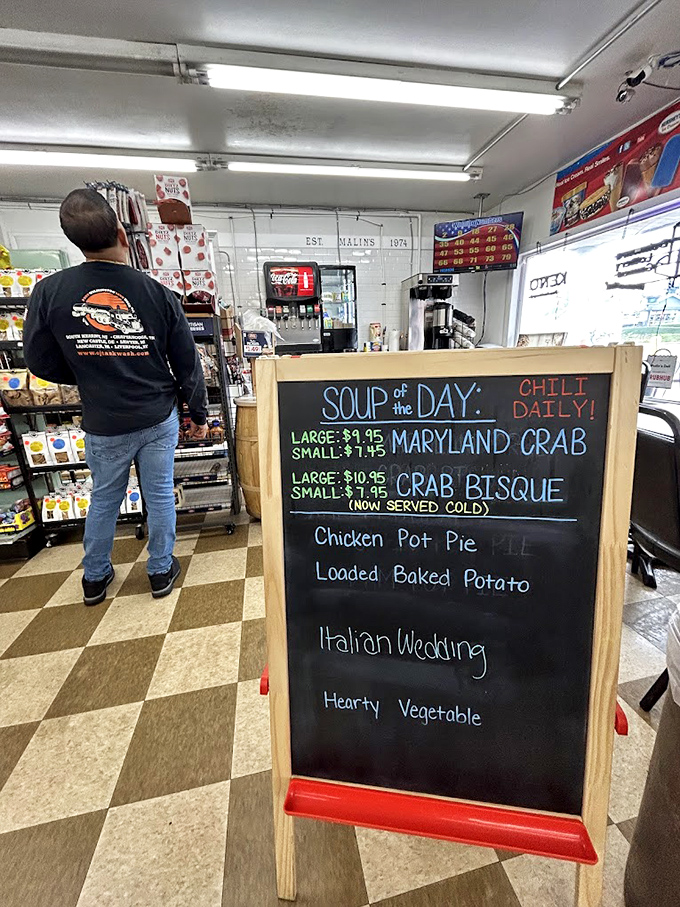 The soup board announces today's offerings like a town crier of comfort&mdash;Maryland crab soup and Italian wedding soup standing ready to warm souls.