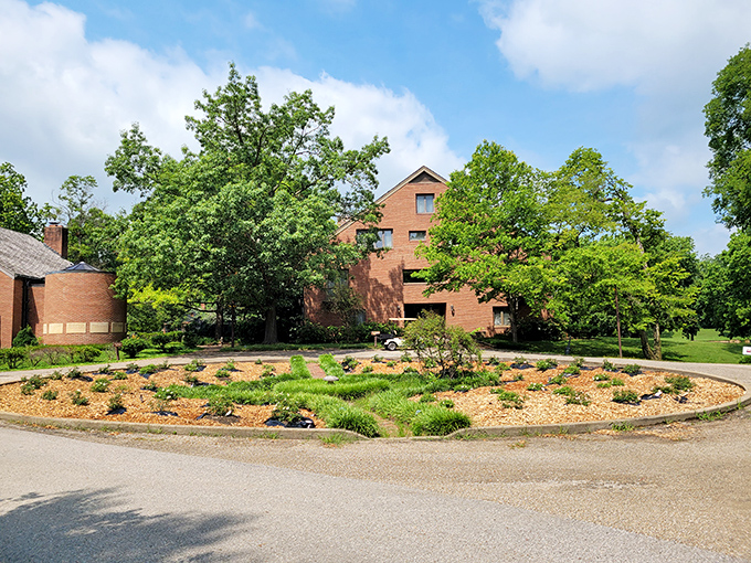 The New Harmony Inn's landscaped grounds blend seamlessly with the town's peaceful vibe&mdash;a contemporary haven nestled among historic surroundings.