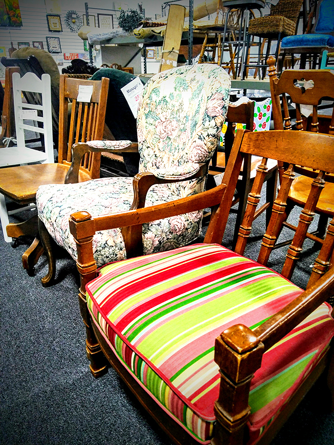 Chairs with personality &ndash; from grandma's floral to summer stripes &ndash; proving secondhand doesn't mean second-rate.