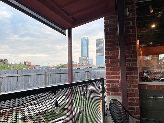 Pizza with a view! The Oklahoma City skyline provides a metropolitan backdrop for your outdoor dining adventure at The Wedge.