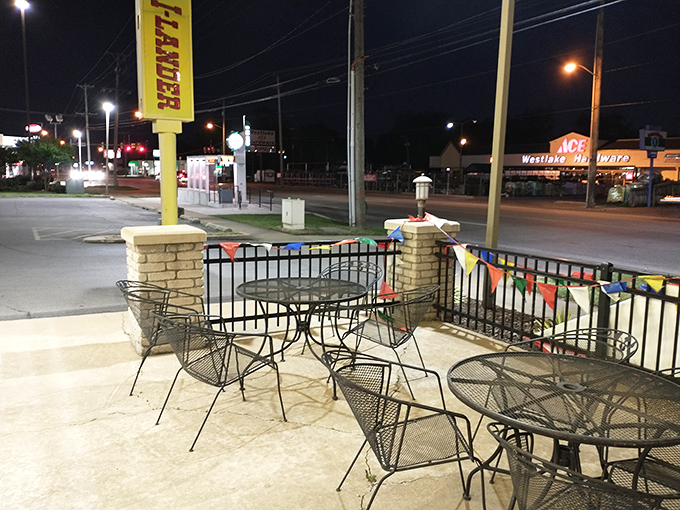 Al fresco dining, Oklahoma-style. These metal tables have hosted countless summer evenings and lunchtime escapes from nearby offices.