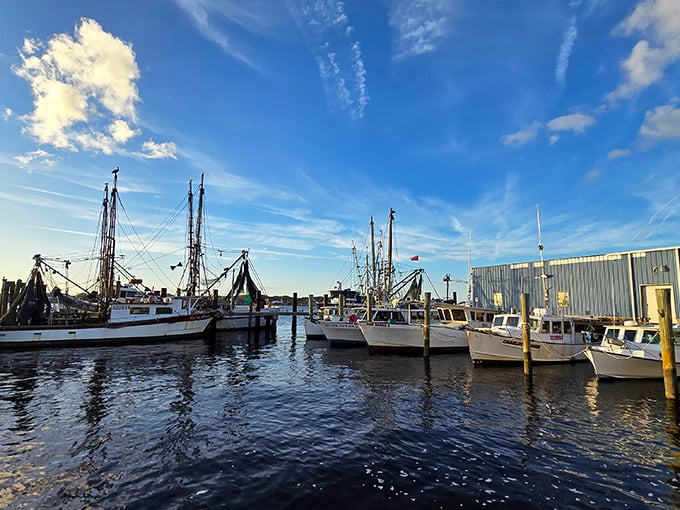 The working waterfront view&mdash;where fishing boats aren't just scenery, they're your meal's origin story unfolding in real time.