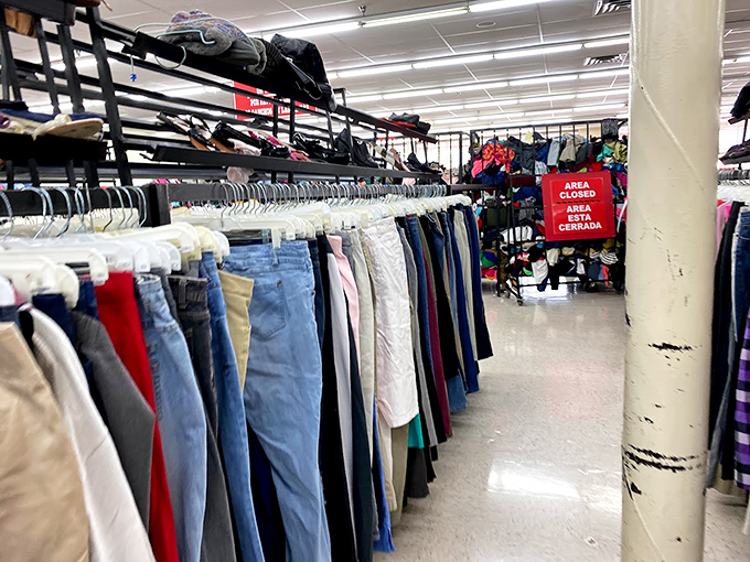 The denim district, where jeans of all pedigrees hang together in democratic fashion unity.