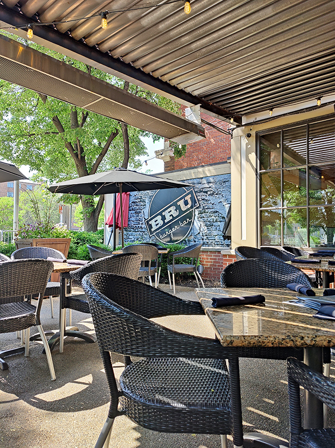 The outdoor patio at BRU offers urban dining with a side of people-watching &ndash; the perfect setting for a lazy weekend burger expedition.