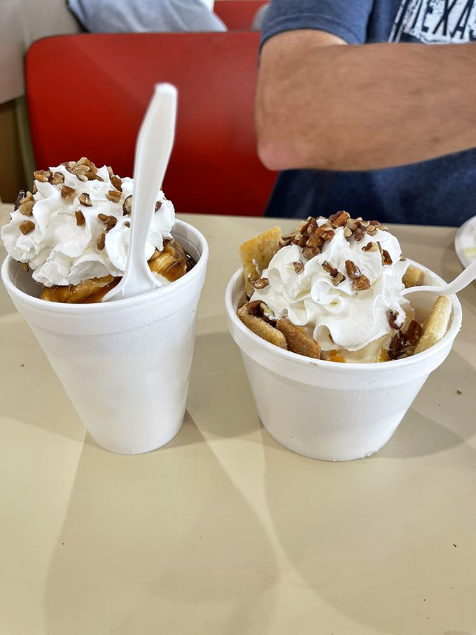 Dueling desserts: peach shortcake and butter pecan sundae face off in a sweet showdown where everyone at the table wins.