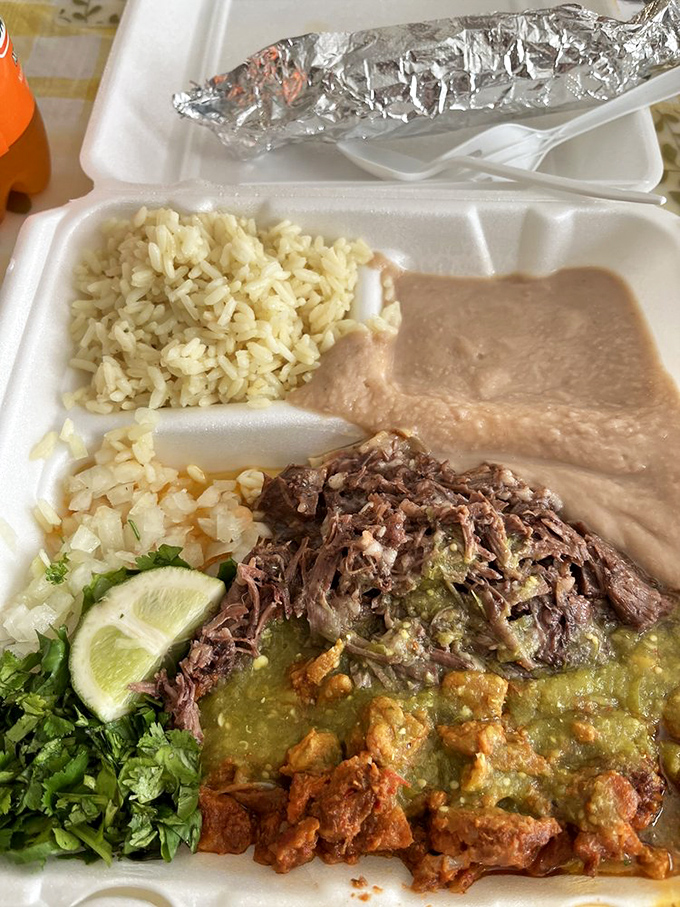 No filter needed for this plate's vibrant colors&mdash;green salsa, tender beef, and golden rice create the Picasso of lunch platters.