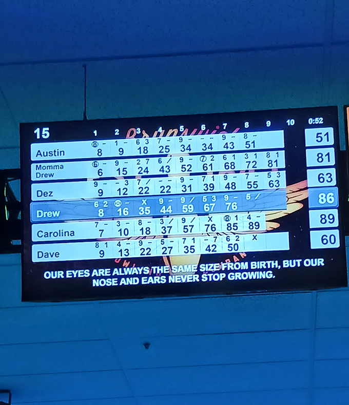 The digital scoreboard tells tales of triumph and tragedy, while sharing random facts about human anatomy that nobody requested.