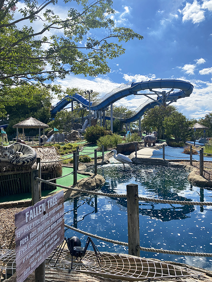 A slice of miniature golf paradise sits adjacent to water attractions &ndash; animal sculptures and lush landscaping create a multi-activity oasis.