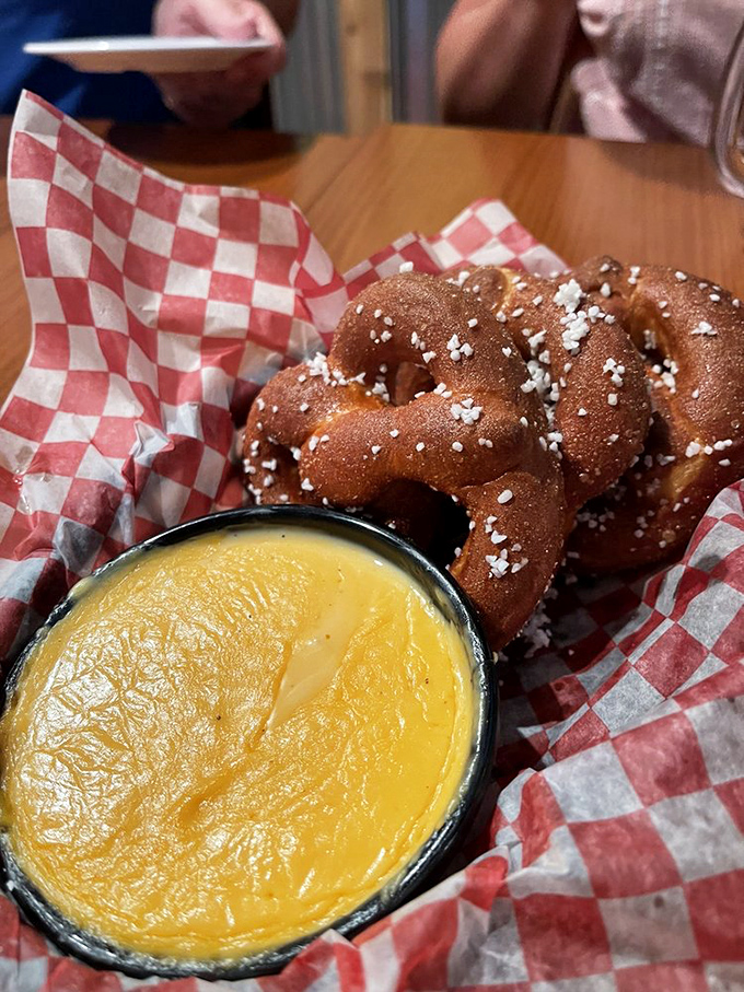 Soft pretzels with cheese sauce: proof that even the appetizers at a barbecue joint deserve your undivided attention.