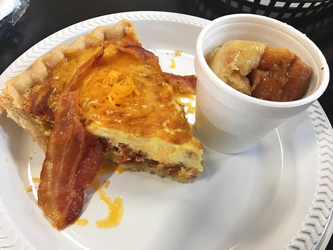 Quiche and bread pudding: the dynamic duo that proves breakfast can be both sophisticated and comforting at the same time.