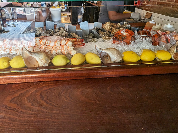 The raw bar display is like Neptune's jewelry box &ndash; oysters, clams, and shrimp nestled on ice, waiting to make your acquaintance.