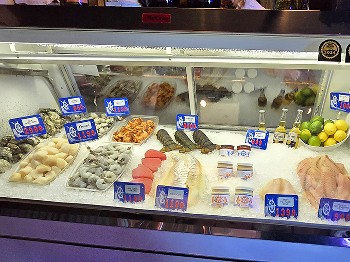 The seafood case&mdash;where decisions get difficult and dreams begin. Fresh treasures on ice, waiting to become tonight's dinner story.