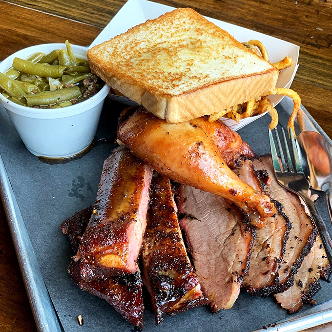 The barbecue trinity &ndash; ribs, brisket, and chicken &ndash; with green beans providing the illusion that you're making healthy choices.