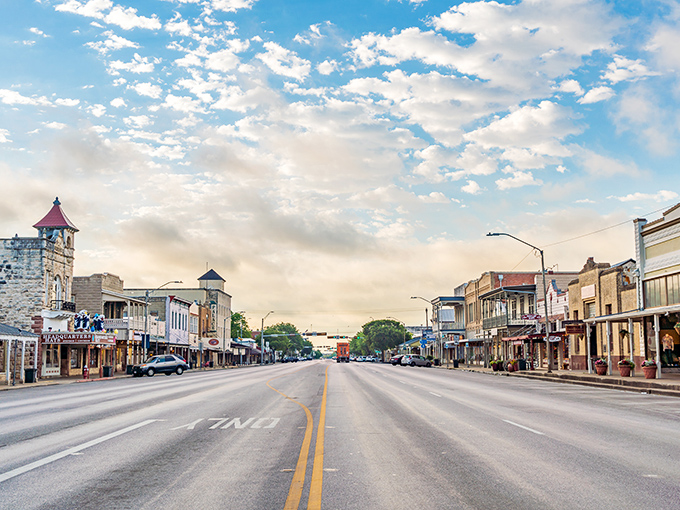 Main Street at dawn captures the quiet dignity of Fredericksburg before the shops open and visitors arrive. The calm before the shopping storm.