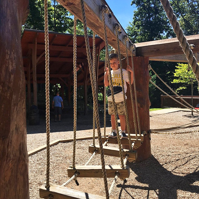 Rocky Knob Park challenges young adventurers to navigate rope bridges, proving that childhood was meant for conquering heights rather than scrolling screens.