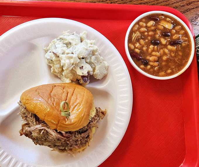 The holy trinity of barbecue perfection: a pulled pork sandwich, creamy potato salad, and beans that have clearly been simmering with purpose.