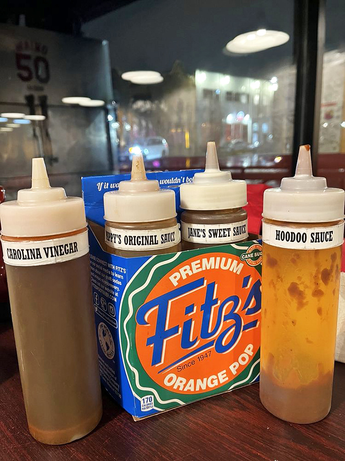 The sauce squad &ndash; from Carolina vinegar to sweet Jane's &ndash; standing at attention, ready to complement (but never overshadow) the star of the show.