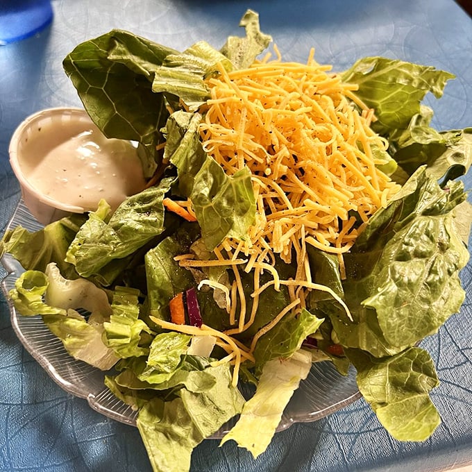 Even the side salad gets respect here—crisp lettuce, shredded cheese, and house dressing waiting to play its supporting role with dignity.