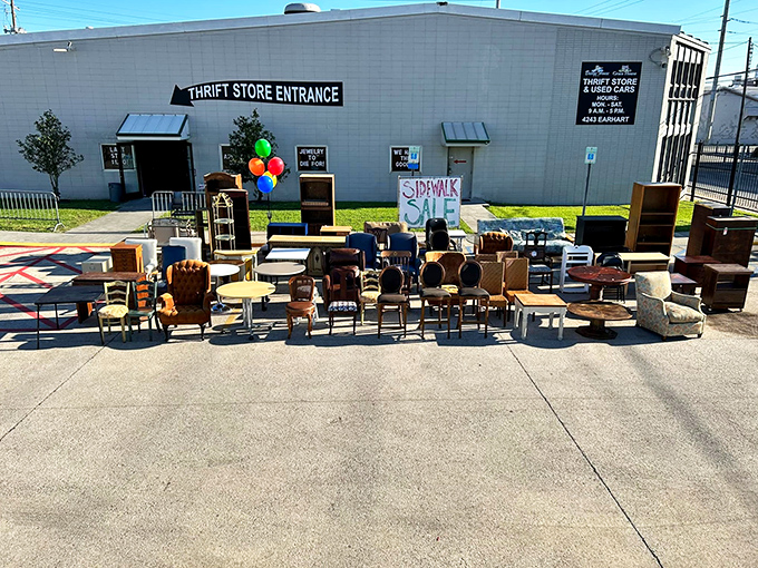 The sidewalk sale&mdash;where furniture gets a suntan while waiting for new homes. This outdoor lineup is practically a neighborhood block party.