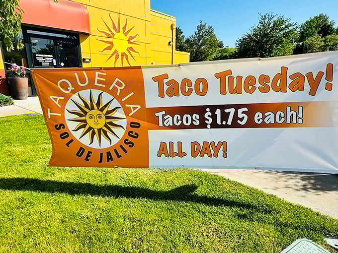 Taco Tuesday isn't just a promotion—it's practically a religious holiday at Sol de Jalisco. The banner announces joy to all who pass by.