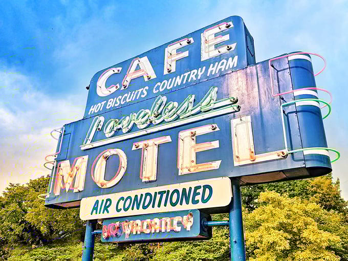 The vintage neon sign promises three essentials of Southern life: CAFE, BISCUITS, and MOTEL&mdash;a roadside trinity that's been saving travelers since 1951.