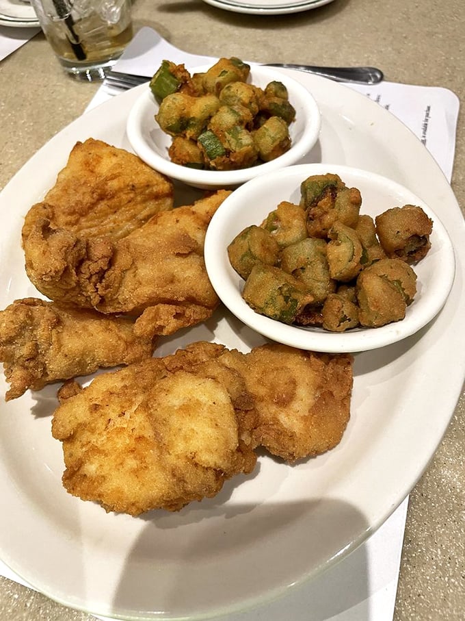 Crispy fish paired with golden-fried okra&mdash;a Southern duo more iconic than Conway and Loretta. This plate makes vegetables feel like an indulgence.