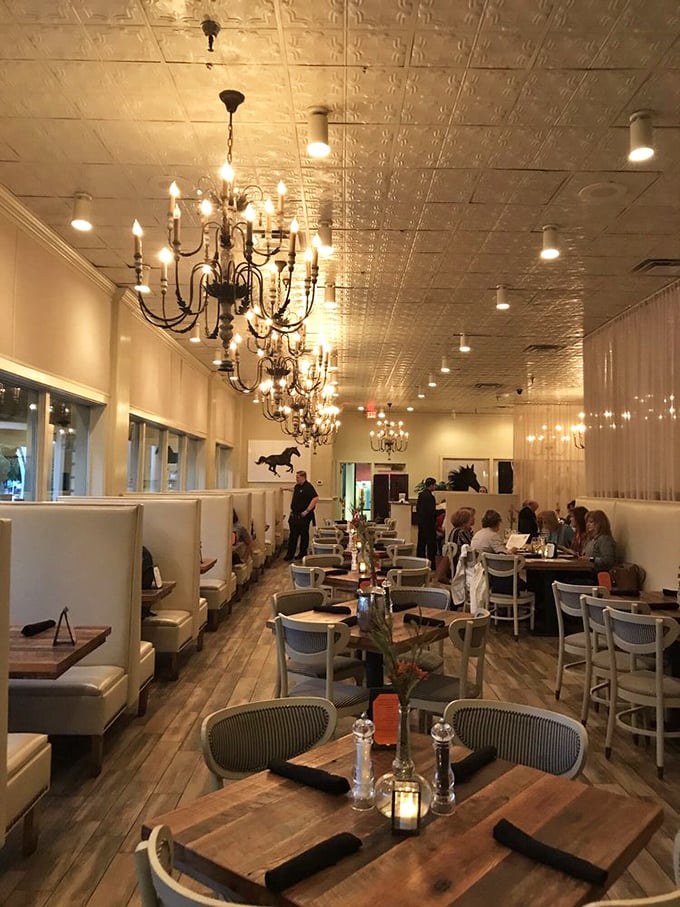 The restaurant's elegant interior transforms dinner into an occasion. Those chandeliers have witnessed countless anniversary toasts and business deal celebrations.