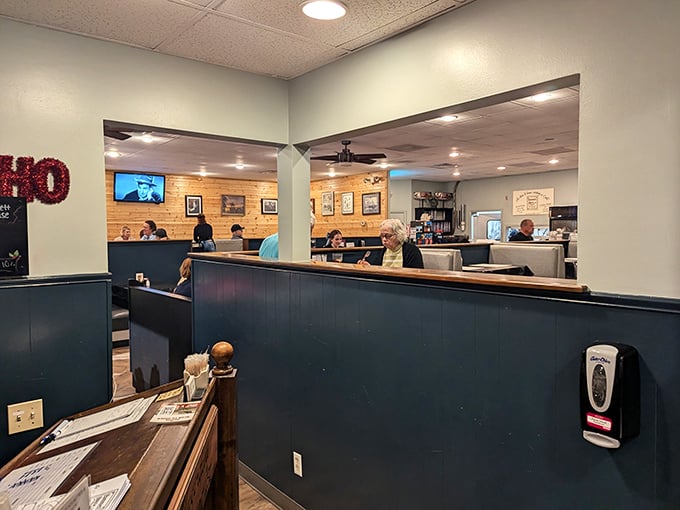 Blue wainscoting and light walls create the backdrop for Oklahoma hospitality. This isn't dining&mdash;it's community with better food.