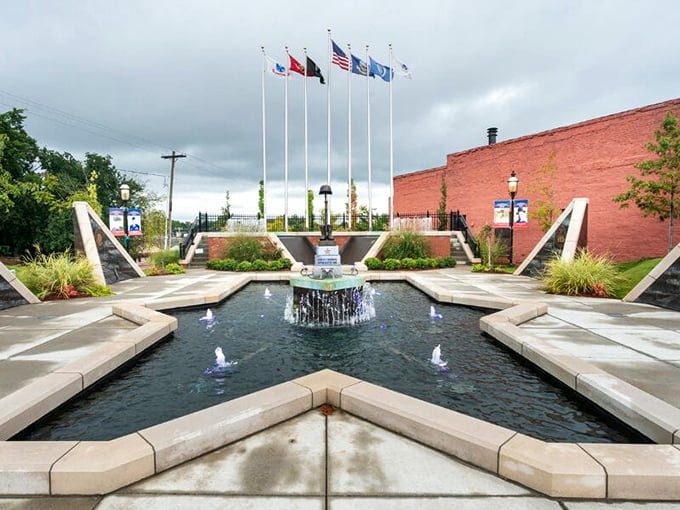 The Veterans Memorial Plaza offers a moment of reflection amid fountains and flags&mdash;a thoughtful tribute that reminds visitors what truly matters.