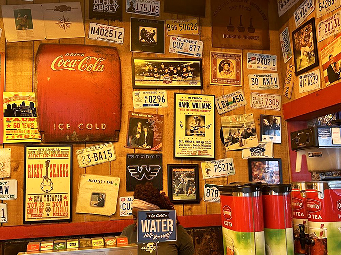 License plates and vintage signs create a collage of Americana that feels earned rather than manufactured &ndash; just like the barbecue.