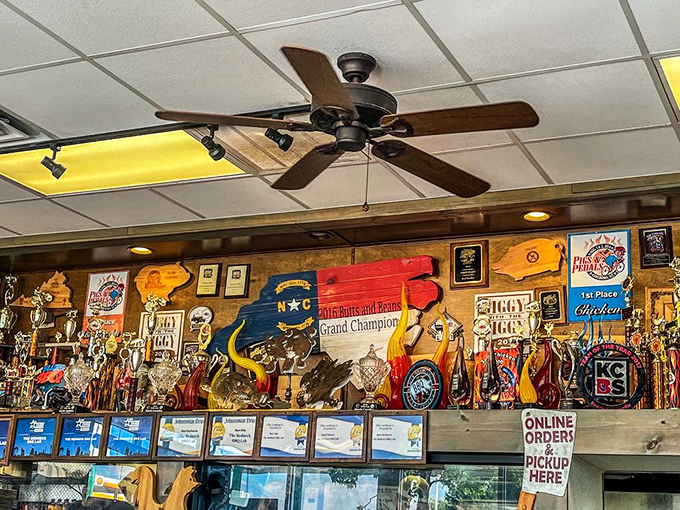 Not just d&eacute;cor, but a trophy case &ndash; where ribbons, certificates and awards line the walls like a barbecue hall of fame.