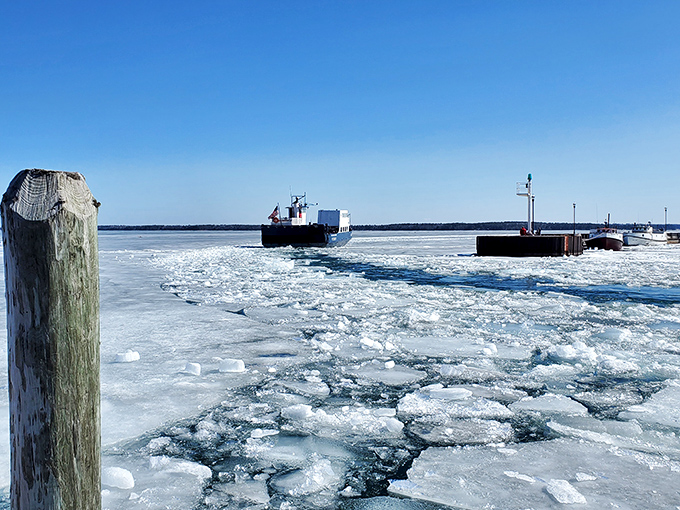 Lake Superior's winter transformation turns Bayfield's harbor into a jigsaw puzzle of ice, where ferries become real-life icebreakers.