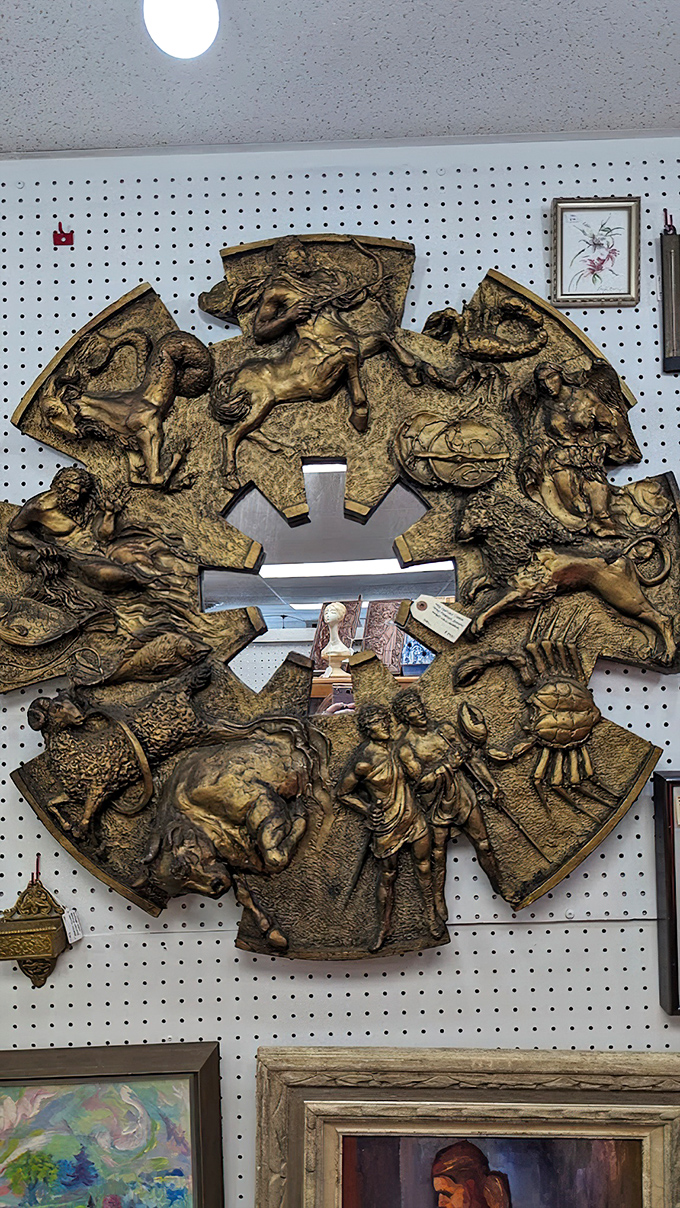 This zodiac wall sculpture tells celestial stories in golden relief. A conversation piece that brings the heavens down to Delaware earth.